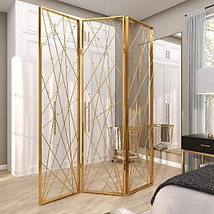 Deco 79 Metal Abstract Partition Room Divider Screen Foldable Partition Wire Rod 3 Panel Privacy Screen with Small Ball Accents, Room Partition 59" x 2" x 79", Gold