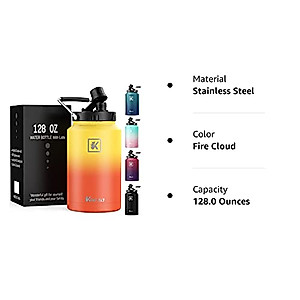 Insulated Water Bottle with Double Walled, Koeka One Gallon Wide Mouth Vacuum Insulated Leak Proof Stainless Steel Thermos with Straw, 128OZ Thermo Mug, Hot Cold, Hiking, Sports, Outdoor, Fire Cloud