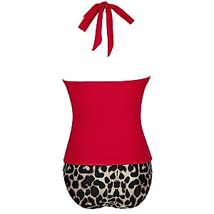 SUUKSESS Women Sexy Halter Tankini Bathing Suits Slimming Tummy Control High Waisted Swimsuits 2 Piece (Red Leopard, XL)