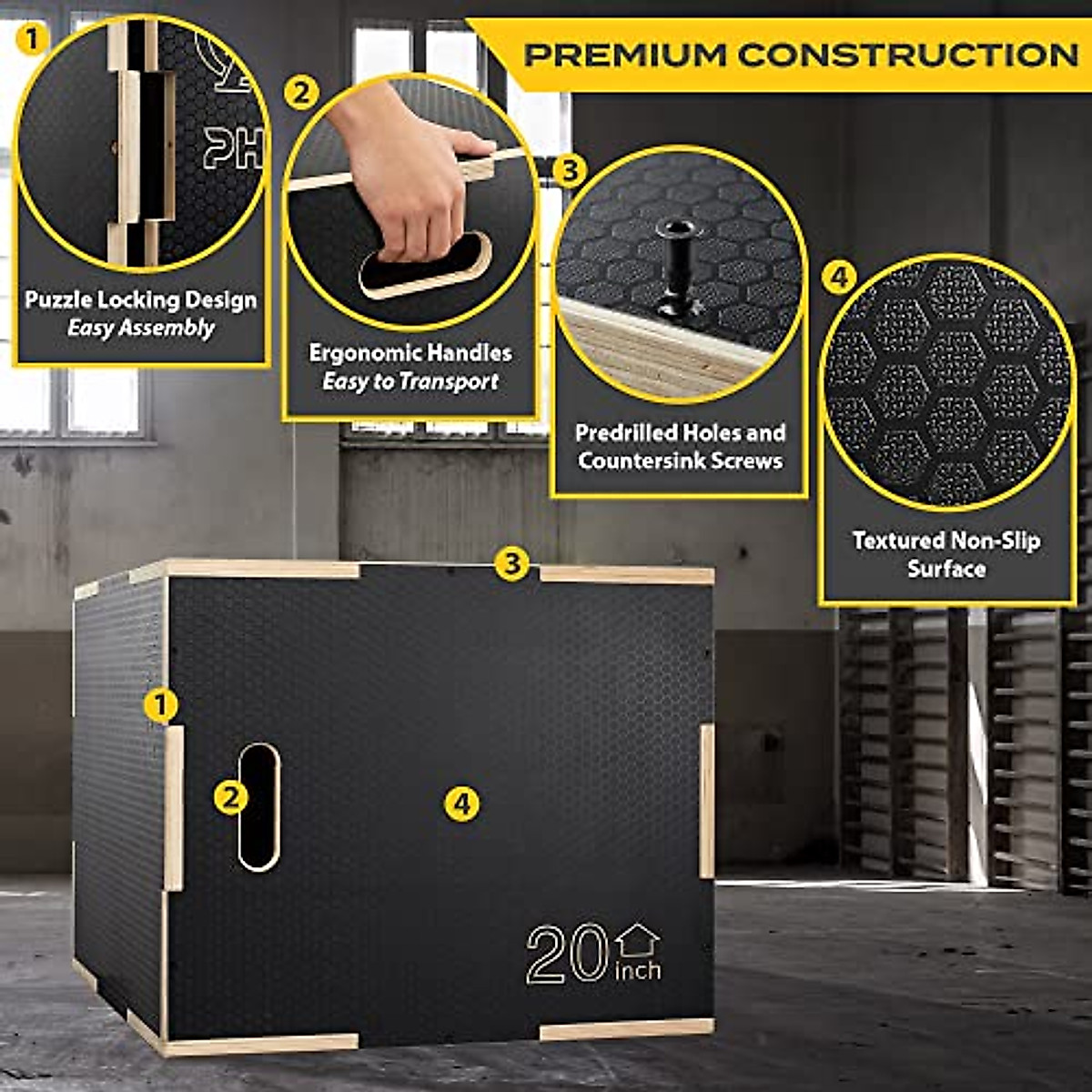 Philosophy Gym 3 in 1 Non-Slip Wood Plyo Box, 20" x 18" x 16", Black, Jump Plyometric Box for Training and Conditioning