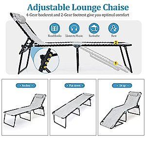 GYMAX Lounge Chairs for Outside, Extra High Folding Beach Tanning Lounger with 4-Level Adjustable Backrest, 2-Level Footrest & Removable Pillow, Sunbathing Lounge for Patio, Lawn, Poolside (1, Grey)