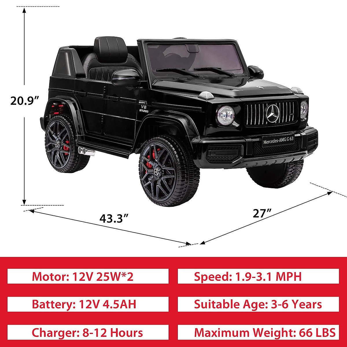 TOBBI Electric Car for Kids, Licensed Mercedes Benz G63 Kids' Electric Vehicle, 12V Kids Ride On Car with Parents Remote Control, Openable Doors/Spring Suspension System/Music's Play/Led Lights-Black