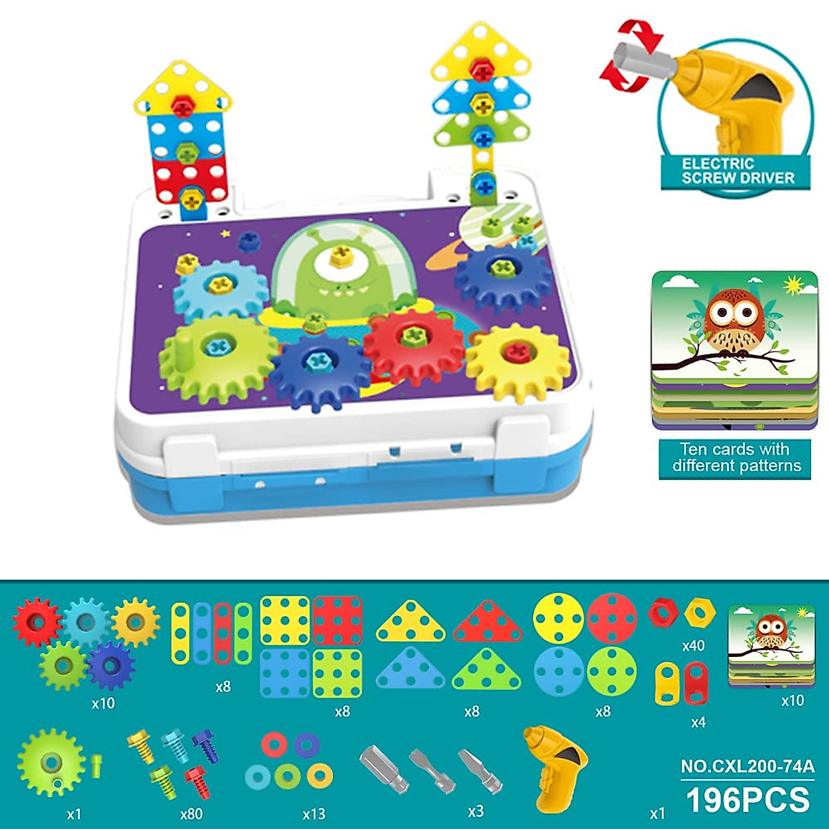 Gears Toys for Kids,Colorful Building Blocks,Tools Box Include Drill for Kids & Drive Belt Gears,Child Development Toys for ​Ages 3