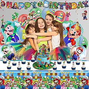 Mario Party Supplies Birthday Party Favors Super Mario Bros Birthday Decorations Include Birthday Banners, Balloons, Tablecloth, Cake Decoration, Cupcake Toppers, Hanging Swirls