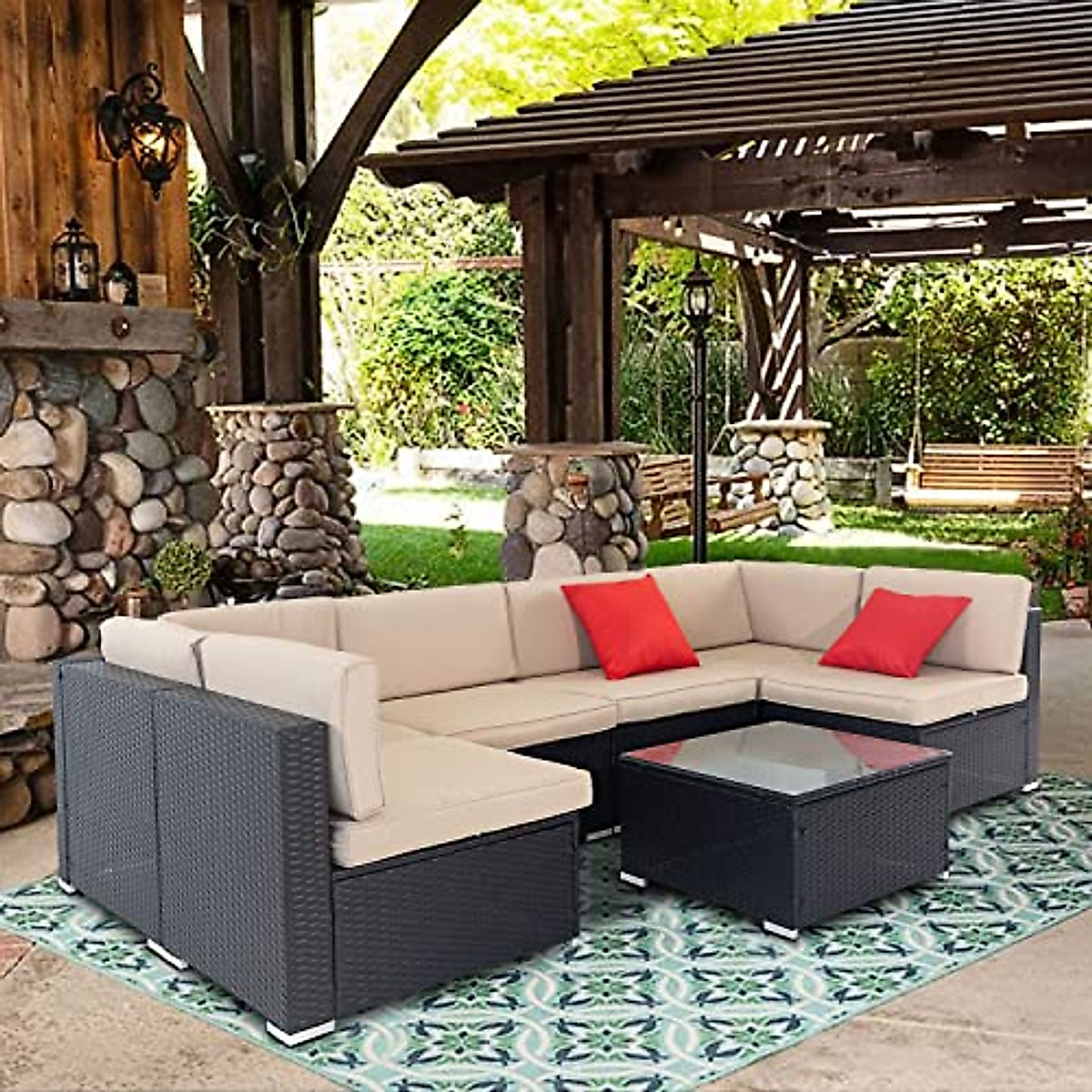 SUNCROWN 7-Piece Outdoor Sectional Sofa Couch - PE Rattan Wicker Modular Patio Furniture Conversation Set with Glass Coffee Table and Furniture Cover - Beige