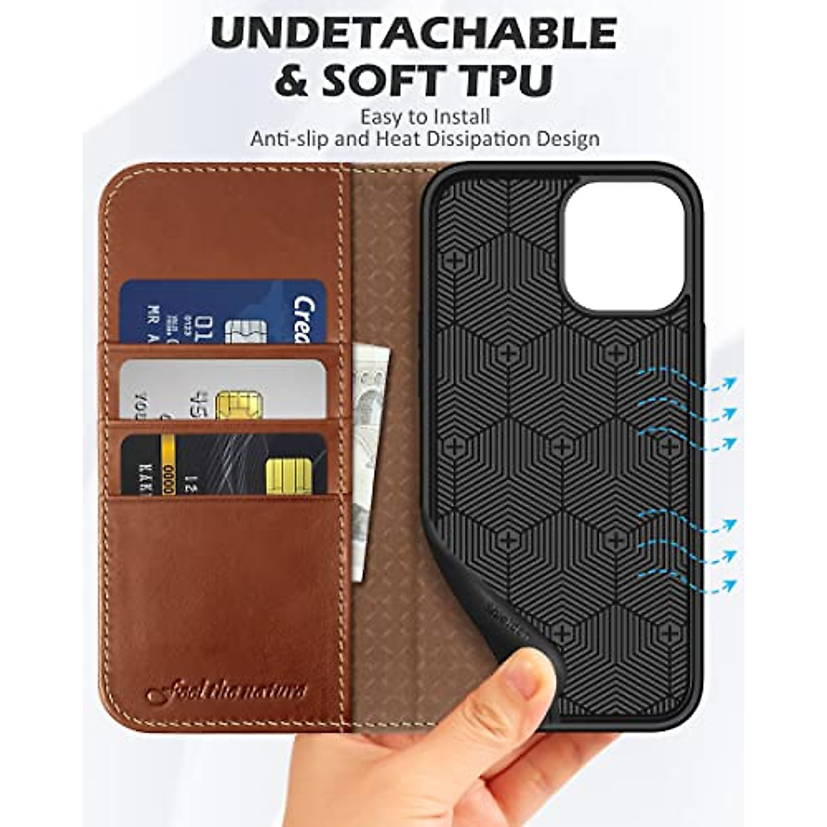 SHIELDON Wallet Case for iPhone 12 5G, Genuine Leather Folio Case Magnetic Shock Absorbing Case RFID Blocking Credit Card Holder Kickstand Compatible with iPhone 12/12 Pro 6.1" - Retro Brown