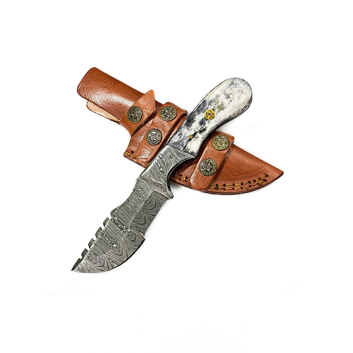 Titan International Knives Damascus Hunting and Camping Knife | Fixed Blade Survival Knive Handmade 1095 4340 Carbon Mix Hand Pounded | Bolster and Dyed Bone Handle with Leather Sheath Perfect for Outdoors