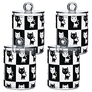 Cat Black White Cotton Swab Holder Bathroom Containers Jars with Lids Set Cotton Ball Pad Round Holder Jar for Cotton Swab Ball Rounds Makeup Sponges Bathroom Organizer Storage, 2 Pack