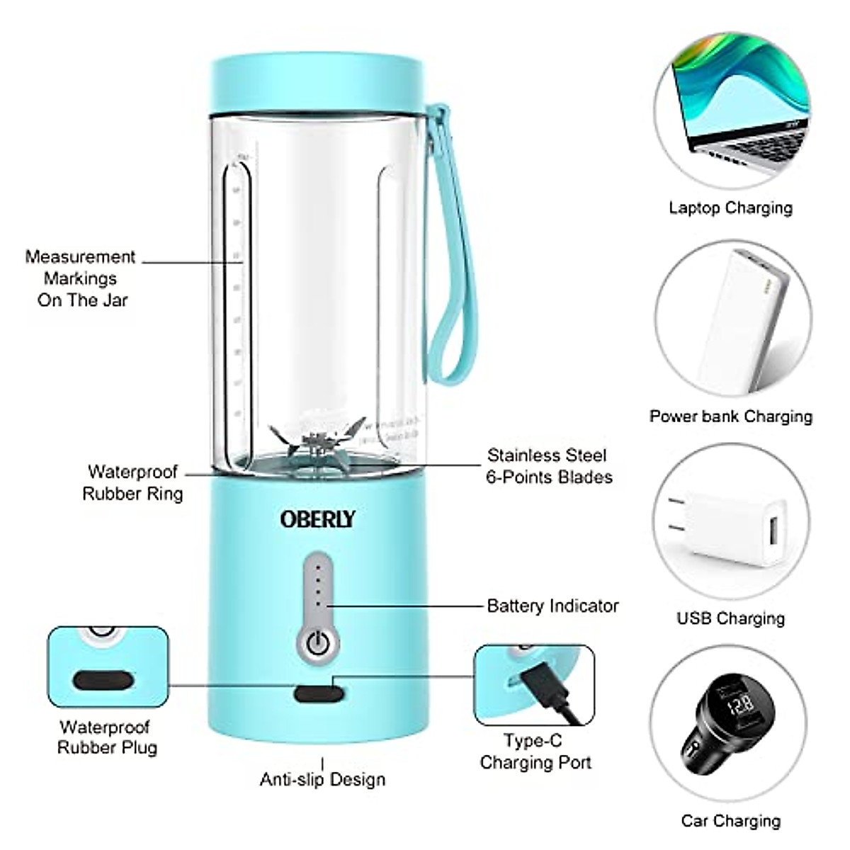 Blend Portable Blender Jet for Shakes and Smoothies, OBERLY Personal Travel Blender for Protein with 4000mAh USB Rechargeable Battery, Crush Ice, Frozen Fruit and Drinks, 18 oz Mini Travel Cup, Blue 1