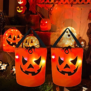 JXITON Halloween Drawstring Candy Bags Light up Multipurpose Halloween Trick or Treat Candy Bag with Pumpkin Smile Face Reusable Orange Goodie Bags for Kids(3 Pcs)