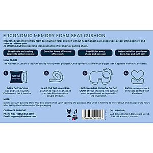 Klaudena | Memory Foam Seat Cushion for Office Chair, Coccyx Lower Back Support Tailbone Pain Relief, Lumbar Support Cushions, Work Chair Pad Butt Pillow, Sciatica, Correct Posture, Desk Chair Cushion