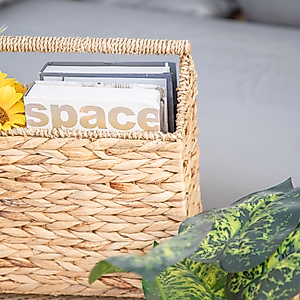 JJSQ Water Hyacinth Storage Basket for Magazine, Rattan Magazine Holder Floor Selfstand, Wicker Basket with Handle for files & Newspaper, Natural 15" x 5.5" x 12.4"