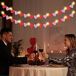 2 Pieces Heart Garland Banner for Valentines Day with Warm Led Lights Decorations Red Pink Heart Felt Banners Garland for Fireplace, Anniversary, Wedding, Engagement Party Home Decor (Style 3)