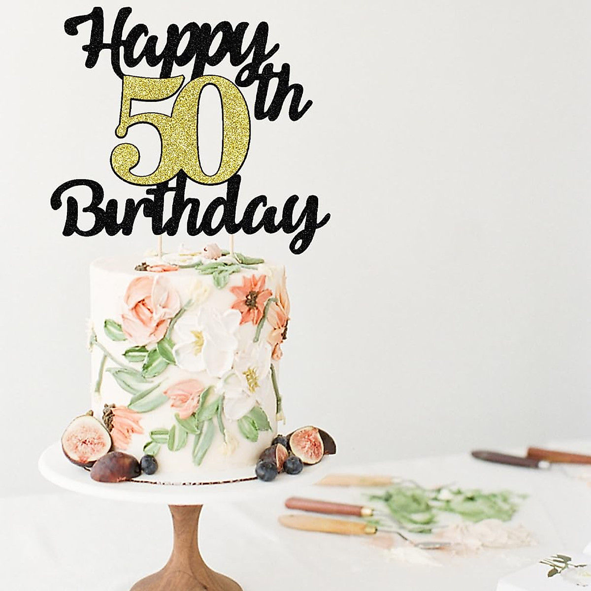 LVEUD happy birthday cake topper Black Font Golden Numbers 50th birthday happy Cake Topper -Birthday Party Decorations (50th)