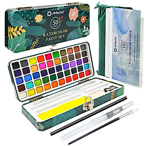 Artecho Watercolor Paint Set 50 Colors, Travel Watercolor Set with Watercolor Papers and Brushes, Ideal for Amateur Hobbyists, Painting Lovers and Artists