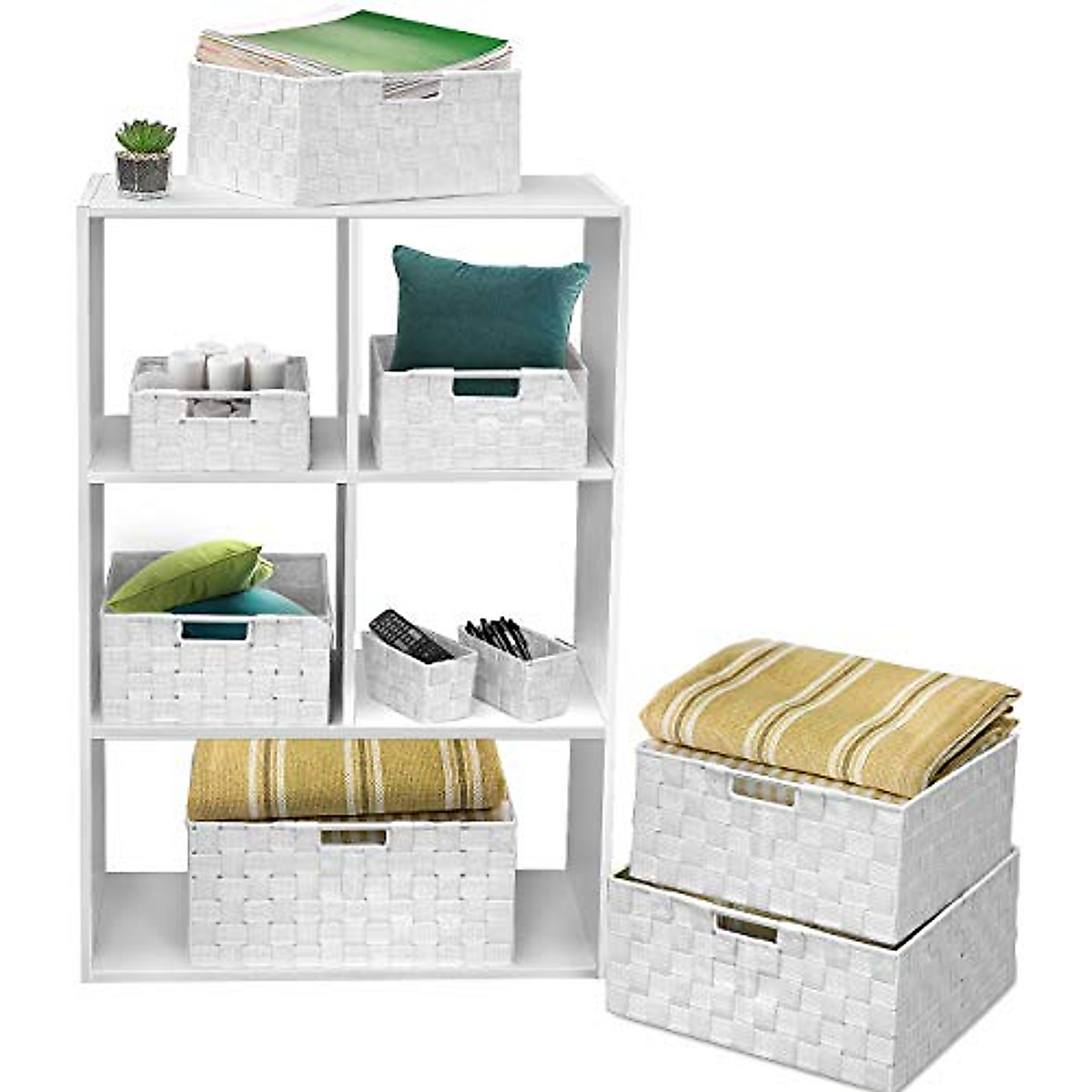 Sorbus Storage Box Woven Basket Bin Container Tote Cube Organizer Set Stackable Storage Basket Woven Strap Shelf Organizer Built-In Carry Handles (White)