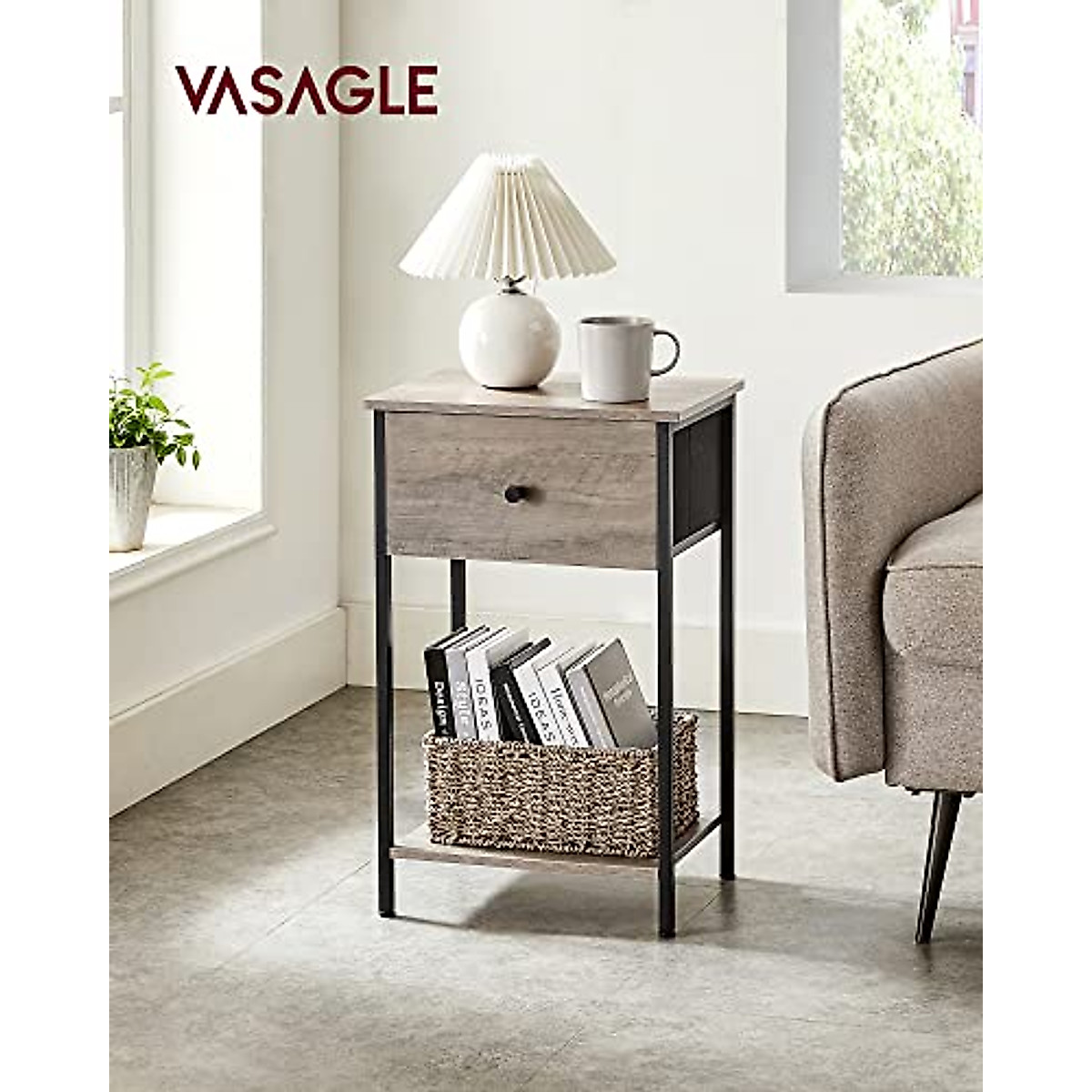 VASAGLE Nightstand, Side Table with Fabric Drawer, 24-Inch Tall End Table with Storage Shelf, Bedroom, Greige and Black ULGS021B02