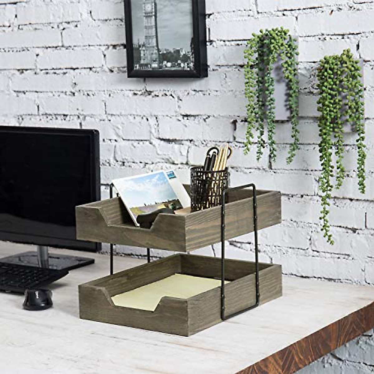 MyGift 2-Tier Vintage Gray Wood and Metal Wire Document Organizer Rack ...