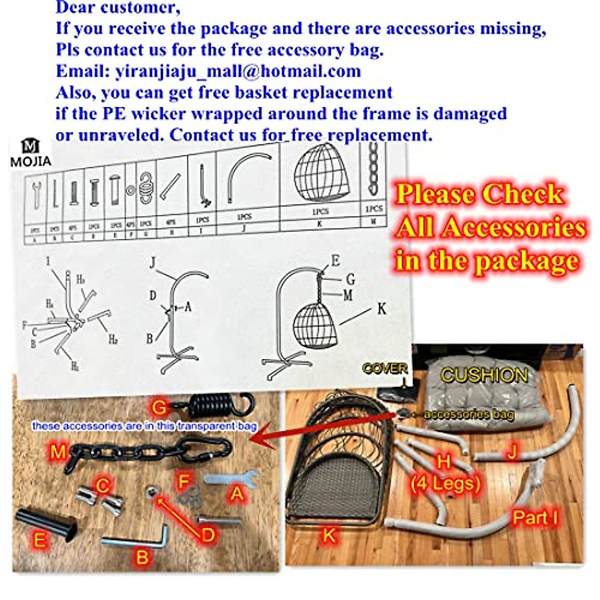 MOJIA Egg Chair with Stand and Oxford Cover, 450lbs Capacity Patio Wicker Hanging Swing Chair Indoor Outdoor with UV Resistant Cushion and Foldable Seat Basket