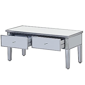 OPTOUGH Modern Glass Mirrored Coffee Table with 2 Drawers, Cocktail Platform with Crystal Handles and Adjustable Height Legs for Living Room, Silver