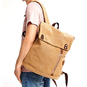 Wxnow Canvas Leather Backpack Laptop Rucksack Casual Outdoor Travel Daypack School Bag for Men Women Khaki