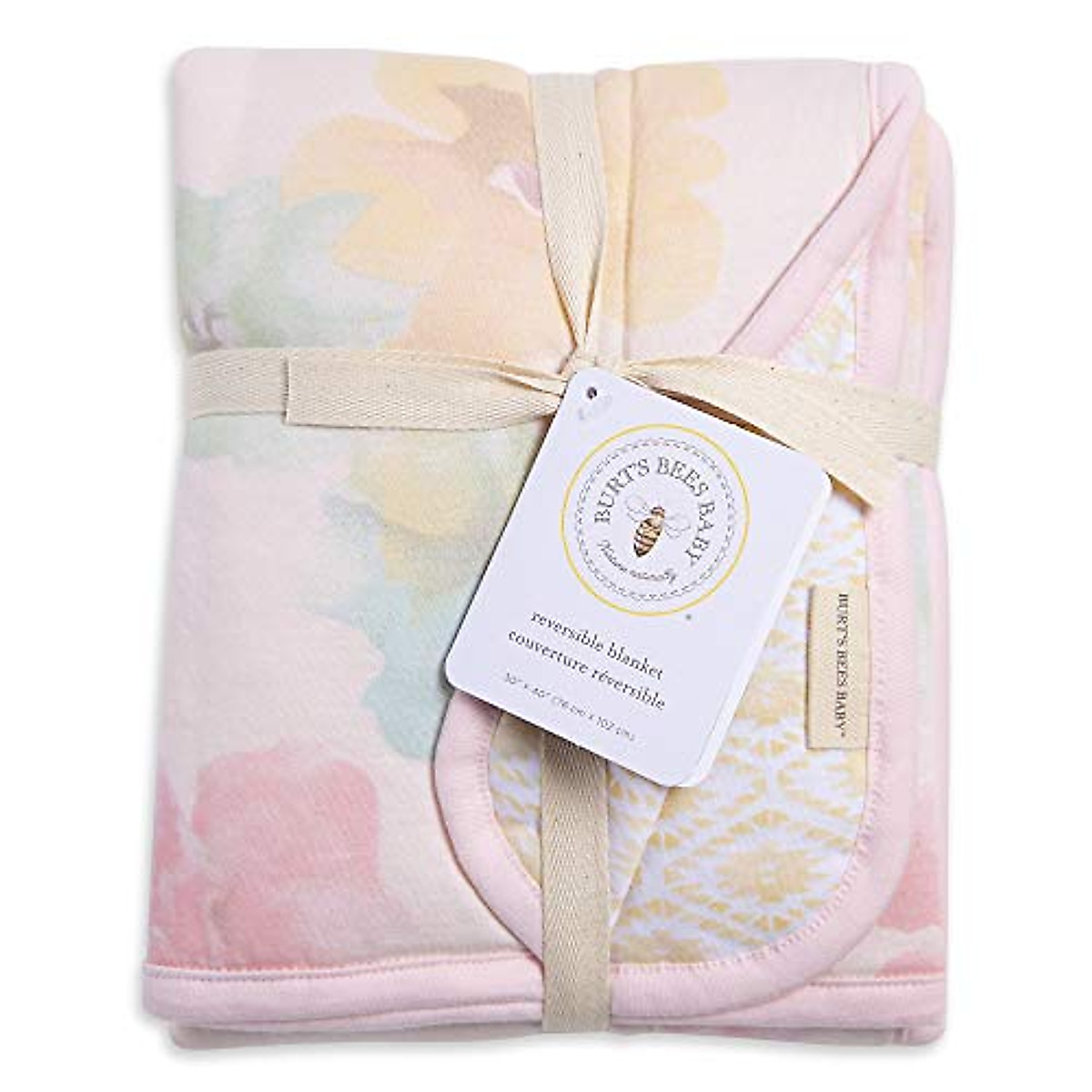 Burts Bees Baby Infant Reversible Blankets 100% Organic Cotton GOTS Certified - Morning Glory Prints with Quilting Pattern Soft Nursery Blanket with 100% Polyester Fill for Size 30 x 40 Inch