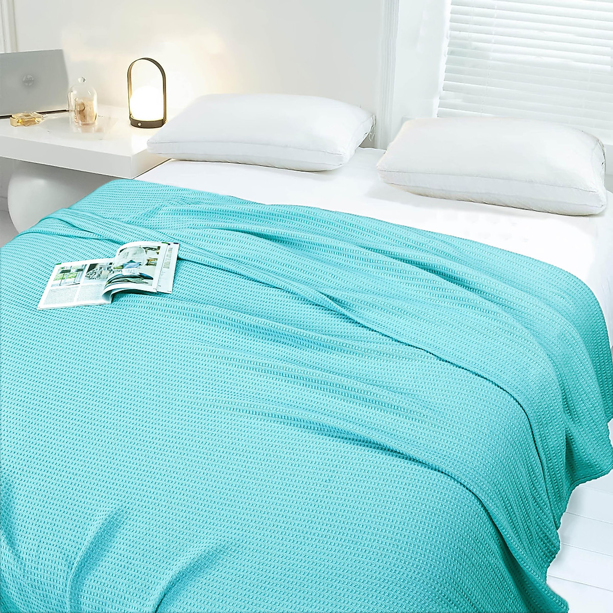 Tex Trend 100% Cotton Thermal Blanket, Soft Premium Twin XL Blanket - Upgraded Waffle Weave Blanket - Breathable Skin Friendly Woven Cotton Blankets for All Seasons - (60x90, Blue)