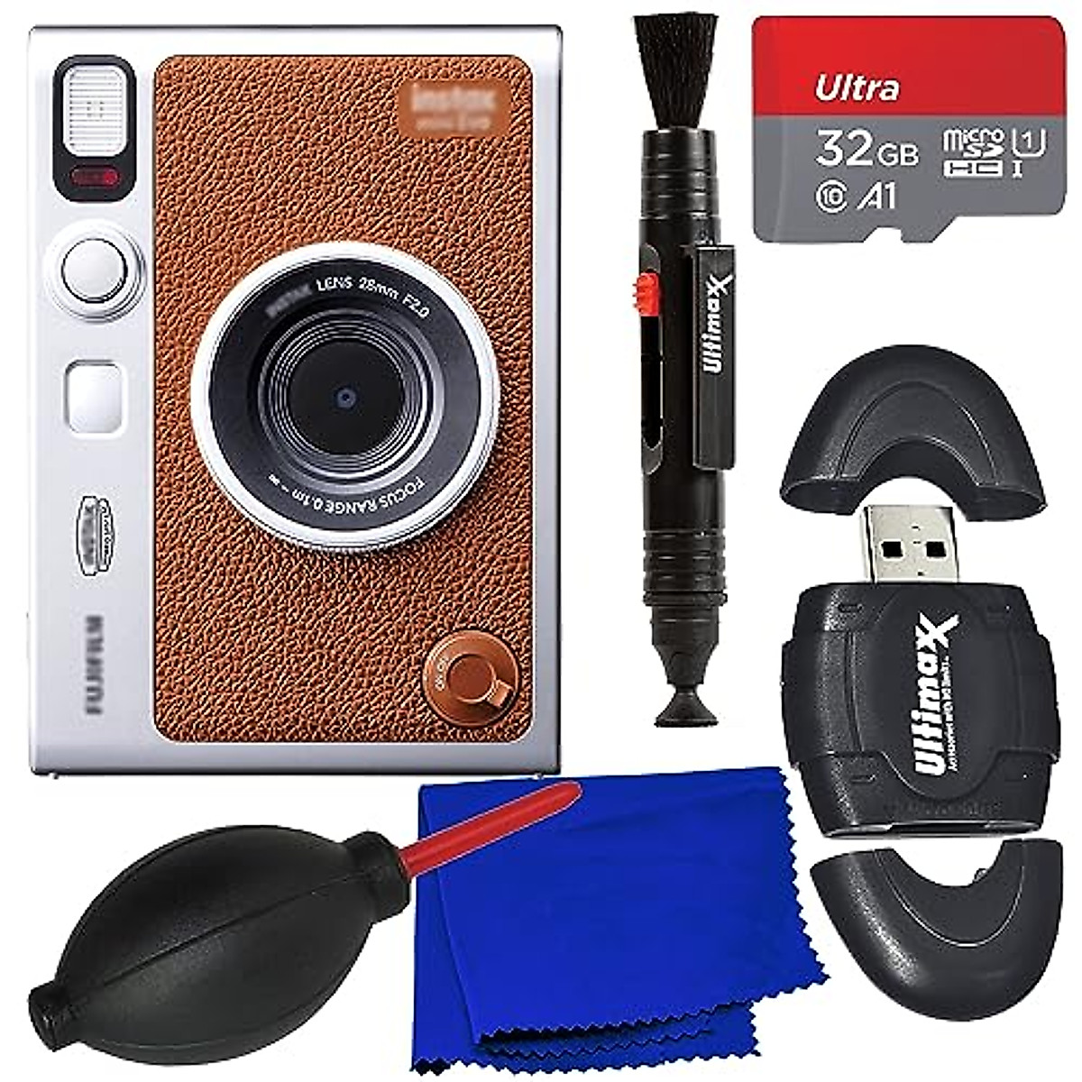 Ultimaxx Starter FUJIFILM INSTAX Mini EVO Hybrid Instant Camera Bundle (Brown): 32GB Ultra microSD Memory Card, High-Speed Memory Card Reader, Gadget Pen, Microfiber Cloth & More (8pc Bundle)