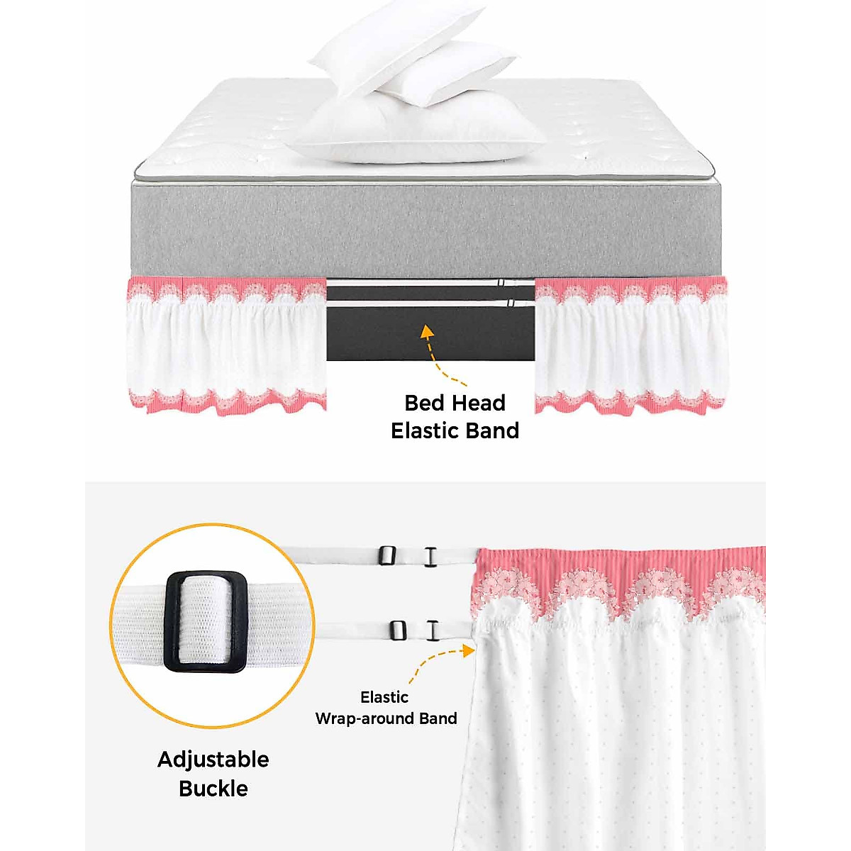 Happy Mother's Day Bed Skirt Queen Size 18 Inch Drop,Adjustable & Elastic Wrap Around Bed Skirts Pleated Luxury Dust Ruffles for Twin Full Queen Cal King Bed,Boho Polka Dot Stripes Pink Floral Flower