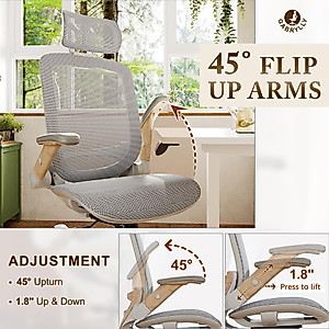 GABRYLLY Ergonomic Office Chair, High Back Home Desk Chair with Flip-Up Arms, Headrest, 90-120° Tilt and Wide Cushion, 400LBS White Mesh Chair for Work Gaming Study (GY01-NT, Woodgrain Pattern)