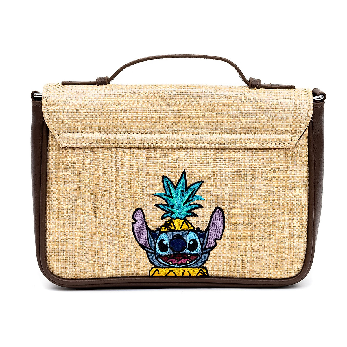 Disney Bag, Fold Over Crossbody, Lilo and Stitch Embroidered Stitch Poses, Raffia Straw