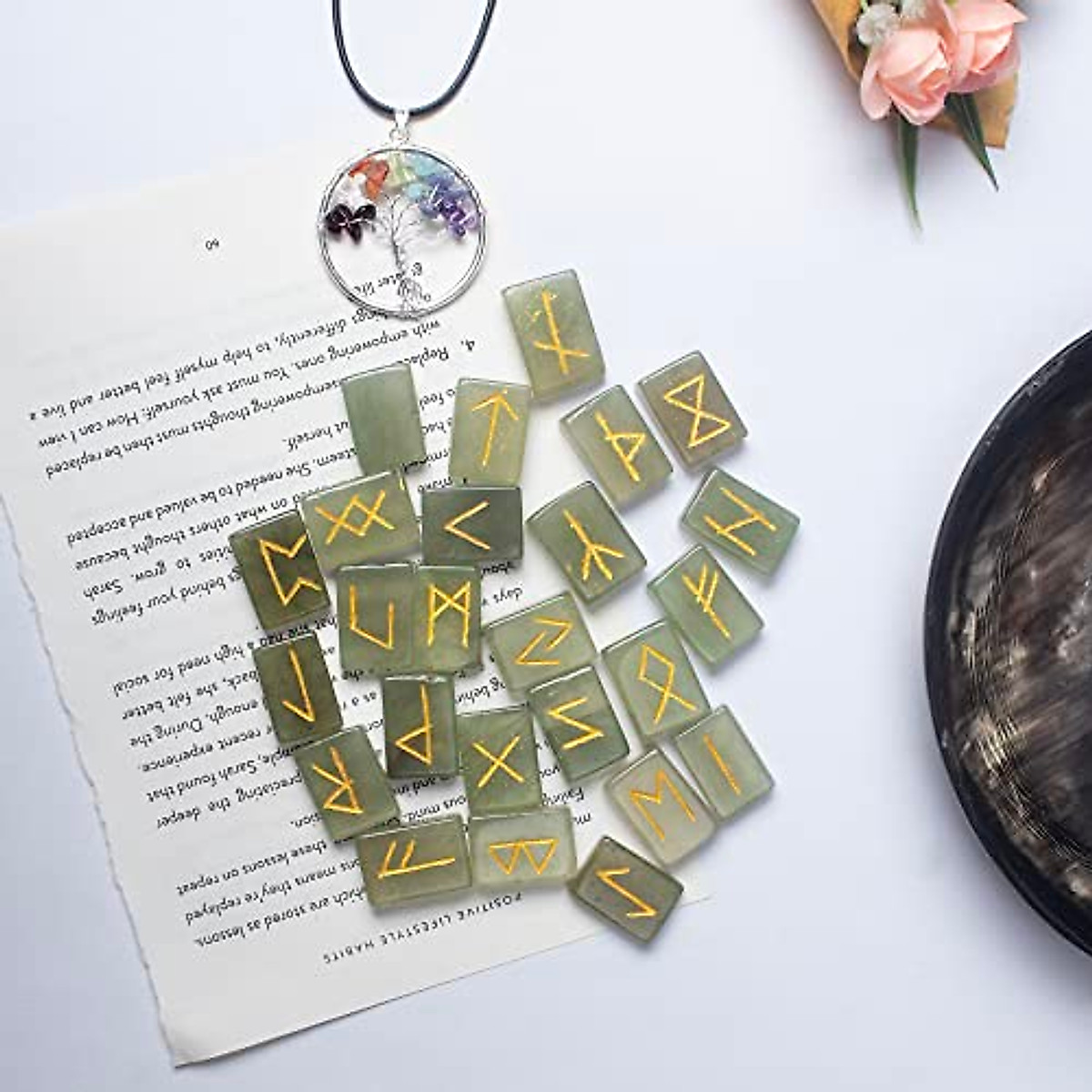 BEZAVO Green Jade Rune Stones with Pendant Silver Ring, 25 pcs Rune Stone with Engraved Elder Futhark Chakra Runes Crystal Set, Viking, Divine Meditation Witchcraft Reiki Supplies Gift for Home Decor