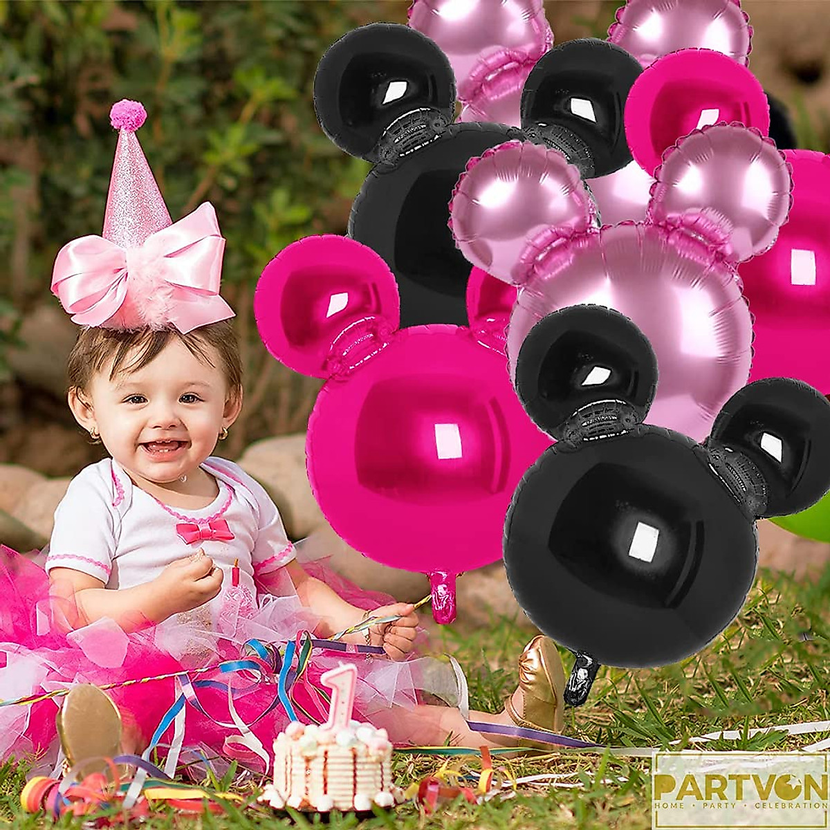 12 Pieces Minnie Party Balloons, Black, Rose Red, Pink Balloons for Mouse Party Decoration, Baby Shower, Girls Party Kids Birthday Minnie Theme Party Decoration Supplies