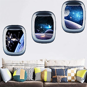 HERRA 3D Planet Universe Galaxy Outer Space Wall Decal Spacecraft Astronaut Wall Stickers, Peel and Stick Removable Space Capsule Window Wall Stickers Wall Mural for Bedroom Living Room Kids Room