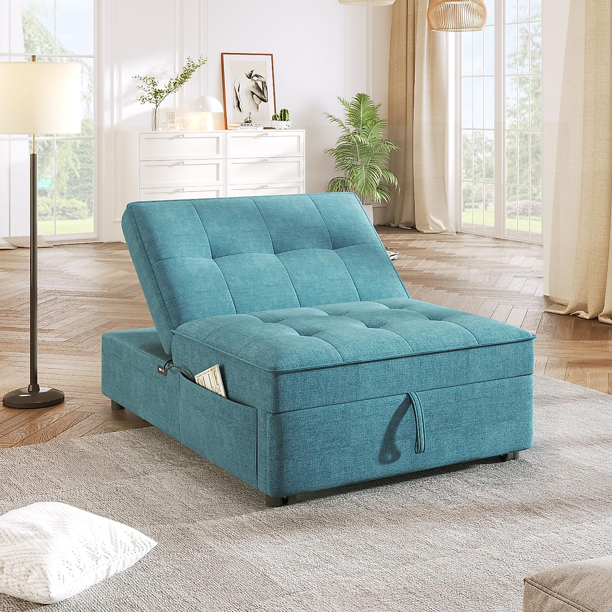 NicBex Pull-Out Sofa Practical Sofa Bed with Storage Folding Chair Bed Convertible Chair to Bed with Storage Pocket and USB Port for Small Room Apartment, Living Room, Teal