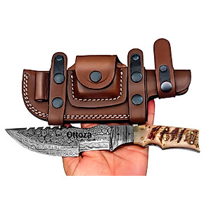 Ottoza Tracker Knife & Ram Horn Handle - Damascus Hunting Knife - Horizontal Carry Knife Sheath 262
