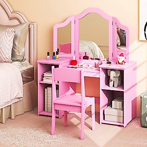 KOTEK Kids Vanity Table and Chair, 2 in 1 Wooden Princess Dressing Desk with Detachable Tri-Folding Mirror & Storage Shelves, Girls Pretend Play Beauty Makeup Vanity for Bedroom (Pink with Chair)