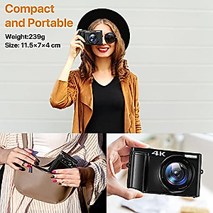 Vlogging Camera, 4K Digital Camera for YouTube Autofocus 16X Digital Zoom 48MP Video Cameras for Photography with 32GB SD Card, 180 Degree 3.0 inch Flip Screen, 2 Batteries and Charging Stand