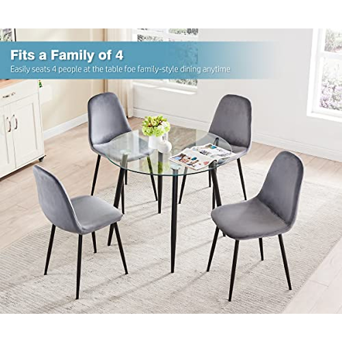 STYLIFING Dining Table Set for 4 Modern 5 Pieces Dining Room Set Mid Century Round Tempered Glass Kitchen Table and 4 Deep Grey Modern Velvet Fabric Upholstered Kitchen Chair with Metal Legs