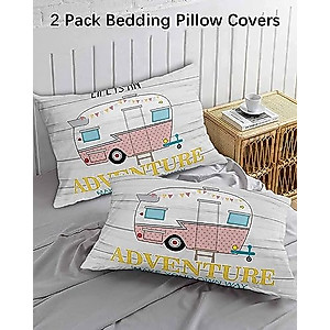 Edwiinsa Summer RV Travel Pillow Covers Standard Size Set of 2 20x26 Bed Pillow, Pink Polka Dots Truck Rustic Wood Plush Soft Comfort for Hair/Skin Cooling Pillowcases with Envelop Closure