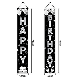 Black White Silver Birthday Door Banner Decorations for Men Women, Black Silver Happy Birthday Porch Sign Party Supplies, 16th 21st 30th 40th 50th 60th 70th 80th 90th Birthday Backdrop Decor
