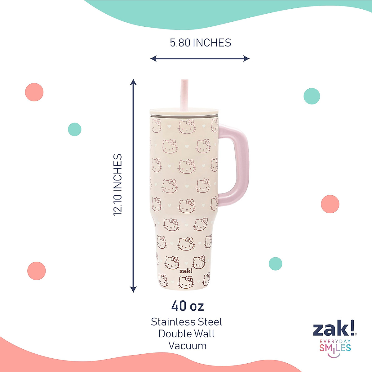 Zak Designs Sanrio Sutton Travel Tumbler for On the Go or At Home, 40oz Stainless Steel with Vacuum Insulation, Silicone Straw, Carry Handle, and 3D Artwork for Cold Drinks (Hello Kitty)