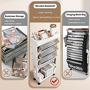NBHH 5 Tier Book Rack Storage Bookshelf,Plastic Removable Rolling Utility Cart Multi-Functional Movable Storage Book Shelves with Wheels for Students Study Office Kitchen Classroom, White