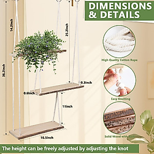 OriCre Floating Shelves Boho Wall Shelves 3 Tier Rustic Wood Hanging Shelves Adjustable Rope Shelf for Boho Aesthetic Room Decor Bedroom/Living Room/Bathroom/Kitchen/Corner/Plant,Book,Décor