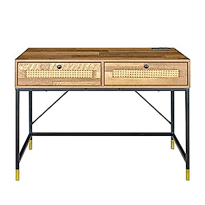 GIA Home Furniture Series Mid Century Writing Rattan Crafted Drawers,Wood Computer Desk Installed with USB Ports and Power Outlet,Salmon Oak Finishing, Black Metal Leg