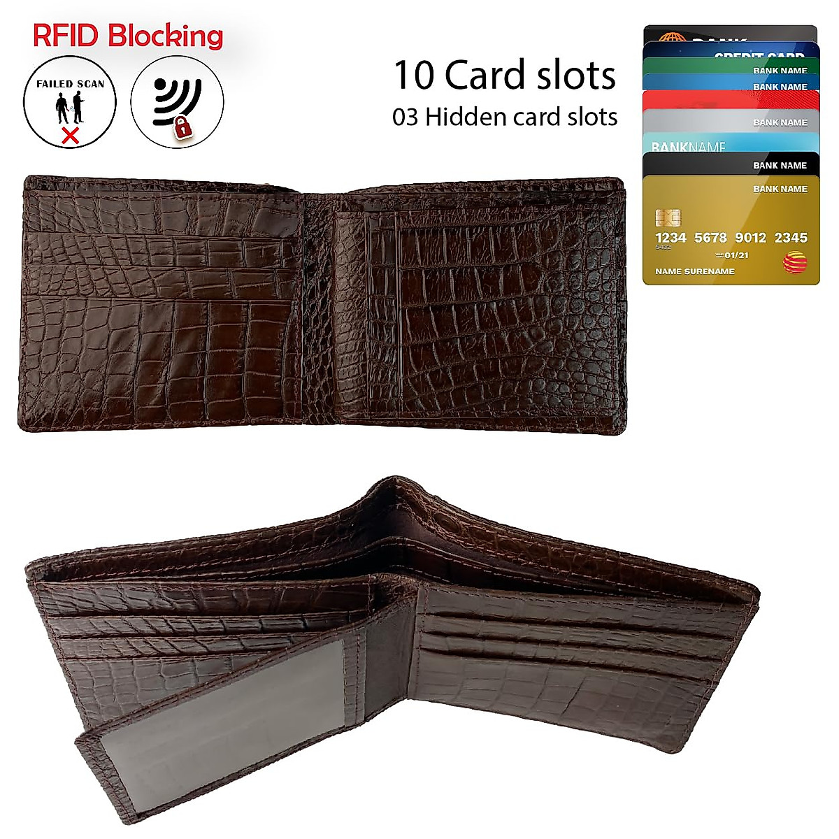 Dark Brown Bifold Leather Wallet For Men With Flip Out ID Holder Credit Card Premium RFID Blocking AIIgator Double Side Handmade Gift For Birthday Wedding Anniversary Father's Day VINAM-100