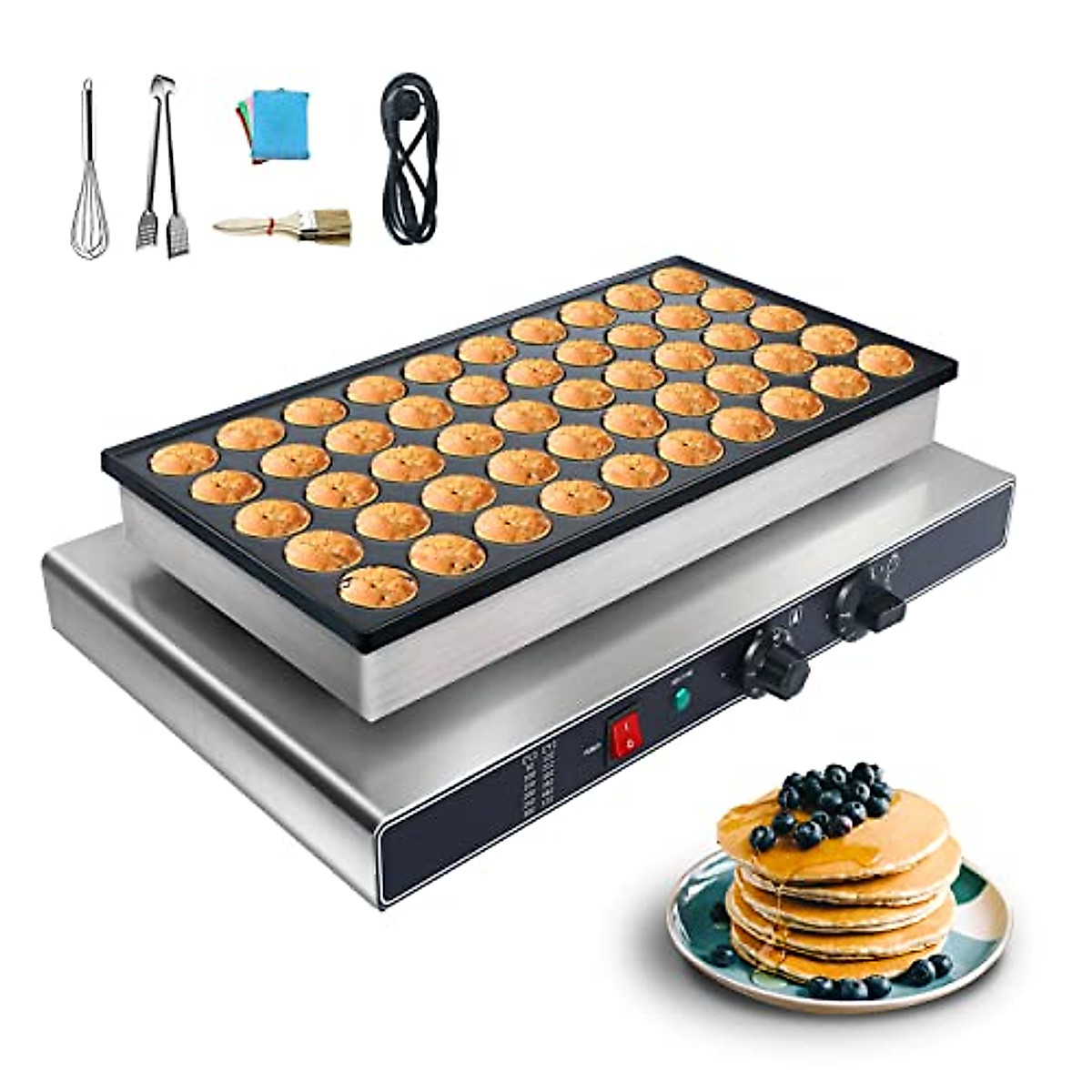 Mini Pancakes Maker, 50PCS Arepa Maker 1700W 1.8 Inches Mini Pie Maker Stainless Steel Commercial Electric Baker Machine Nonstick Poffertjes Pan for Home Kitchen Restaurant Snack Bar (US plug 110V)
