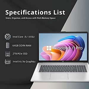 HP 17.3" Anti-Glare FHD Business Laptop, Intel Core i5-1335U, 64GB RAM, 2TB SSD, Intel Iris Xe Graphics, Backlit Keyboard, Webcam, Fast Charge, HDMI, Silver, Win 11 Pro, 32GB Hotface USB Card