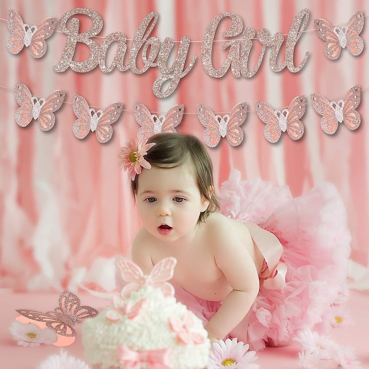 Butterfly Baby Shower Decorations for Girl Butterfly Baby Shower Banner Butterfly Glitter Garland Rose Gold Butterfly Garden Baby Shower Decorations for Girl Spring Theme Party, Home Room Decor