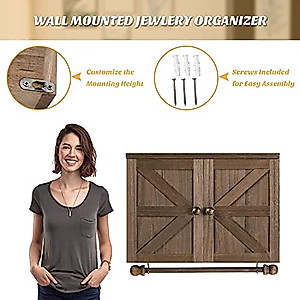 FANTASK Rustic Wall Mounted Jewelry Organizer Cabinet, Wooden Hanging Jewelry Holder Box w/Barndoor, Removable Bracelets Rod, Hooks Shelf, Removable Bracelet Rod & Hook Organizer for Hanging Jewelry